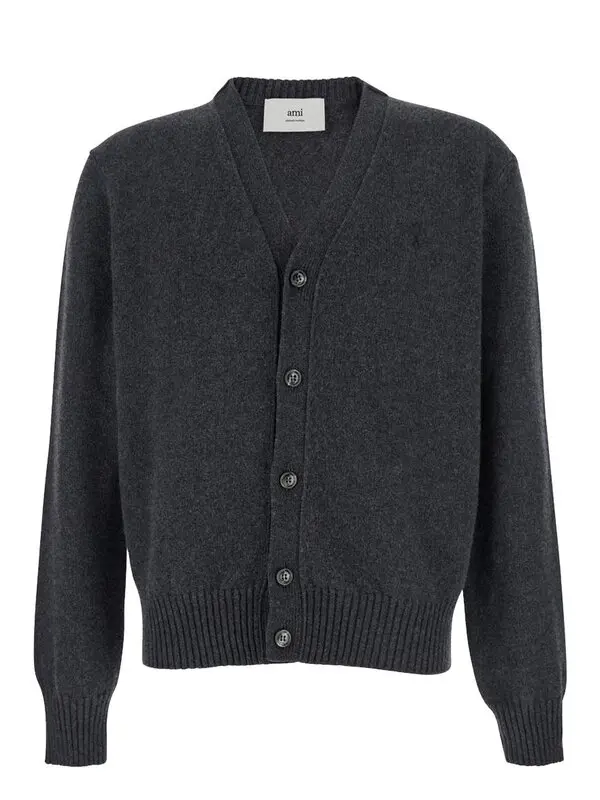 Ami Wool Cardigan With Adc Embroidery - Grey