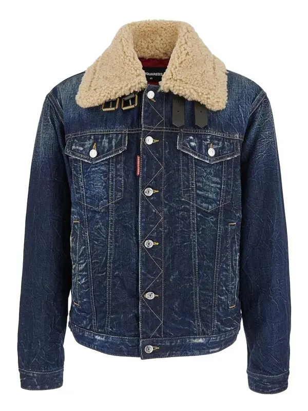 Dsquared2 Denim Jacket With Belted Fur Collar - Blue