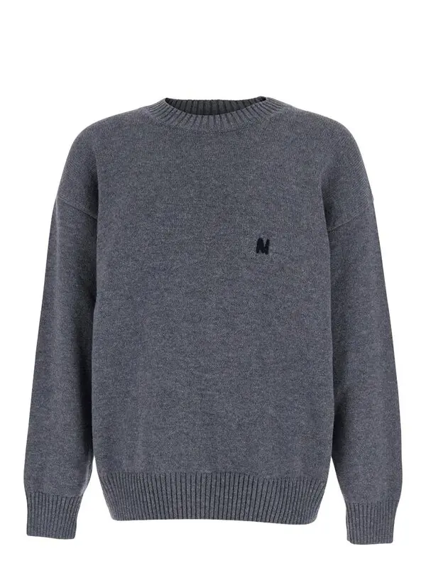 MSGM Crew Neck Wool Sweater With Logo - Grey