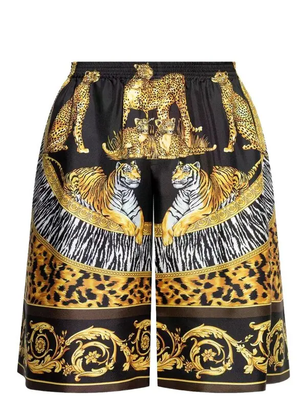 Versace Tiger Leopard-print Silk Shorts - Black