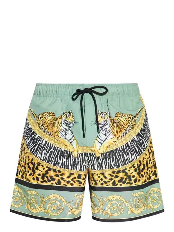 Versace Tiger-print Drawstring Swim Shorts - Green