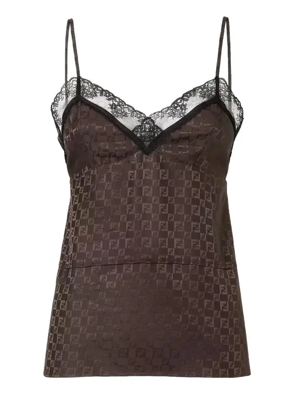 Fendi Jacquard Ff Lace-trimmed Top - Brown
