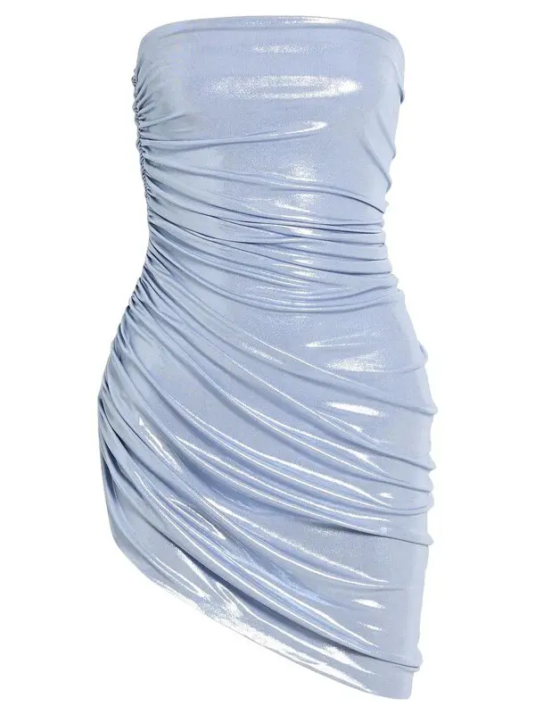 Norma Kamali Diana Pickleball Strapless Ruched Lamé Mini Dress - Light Blue