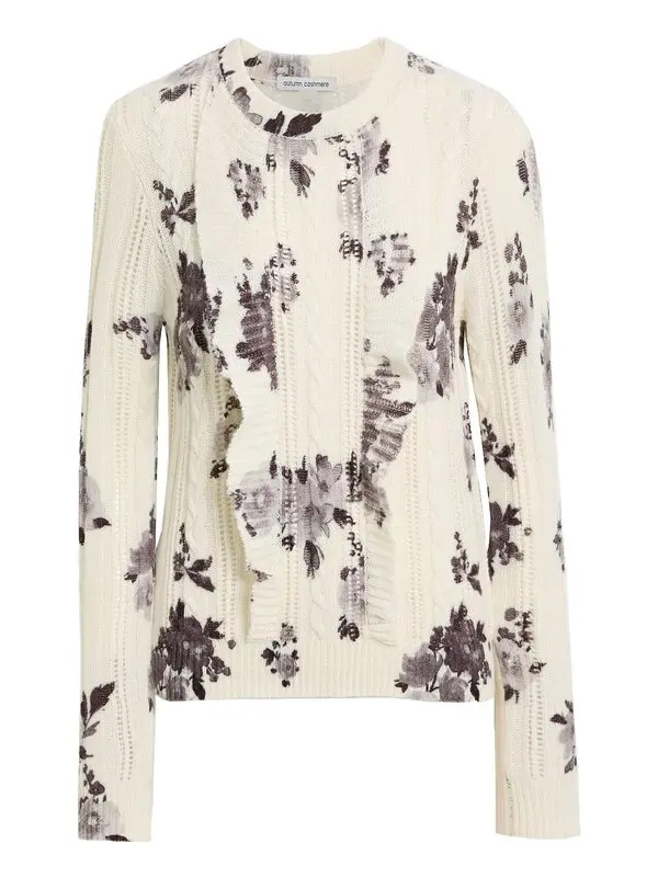 Autumn Cashmere Ruffled Floral-print Cable-knit Cashmere Sweater - Cream