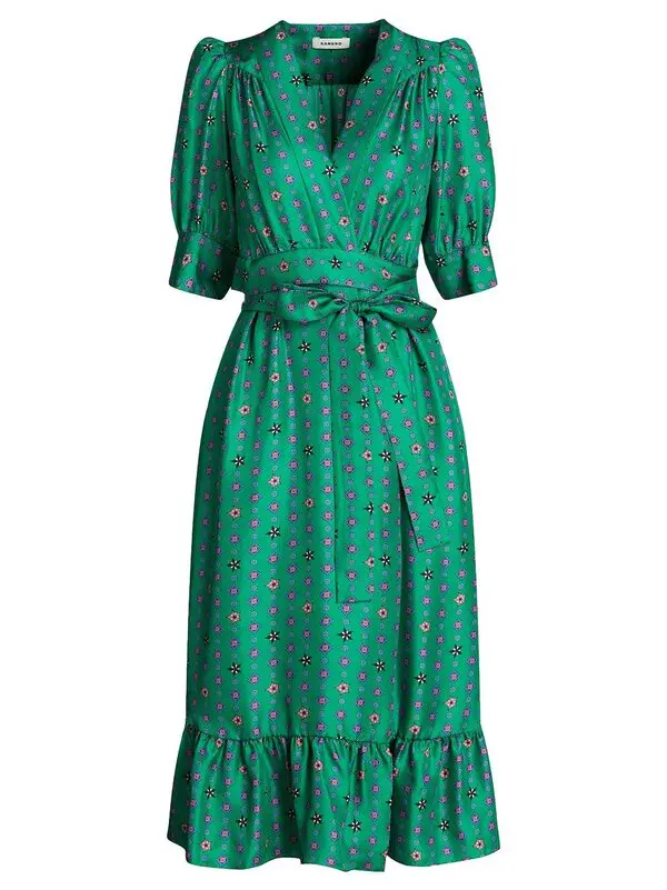 Sandro Printed Silk-twill Midi Wrap Dress - Emerald