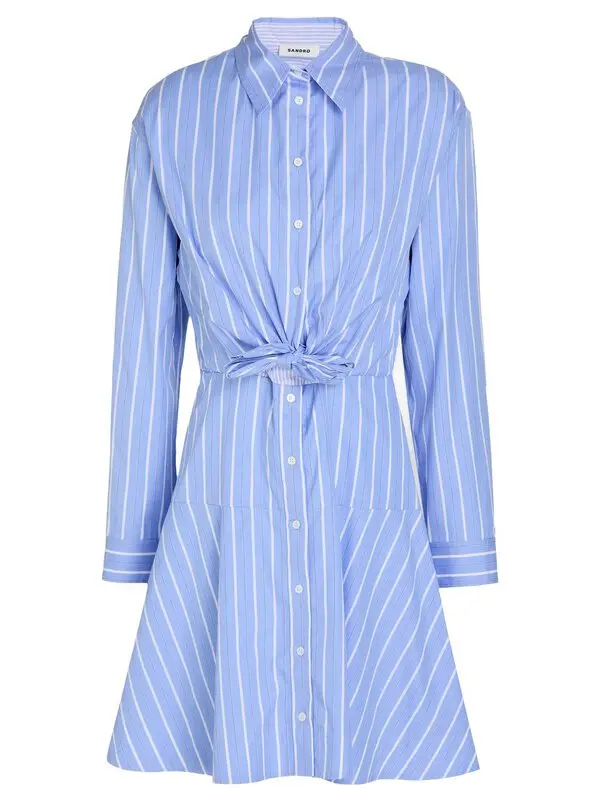 Sandro Striped Cotton-poplin Mini Shirt Dress With Tie Detail - Light Blue