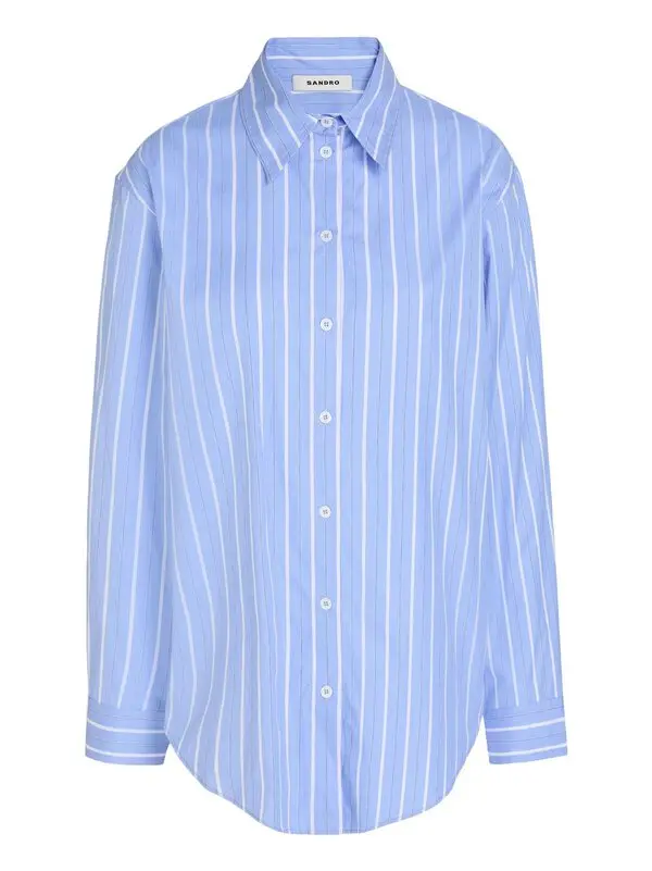 Sandro Lace-trimmed Cutout Striped Cotton-poplin Shirt - Light Blue