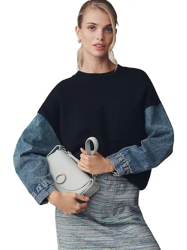 GREY LAB Mixed Media Sweater With Denim Sleeves - Black