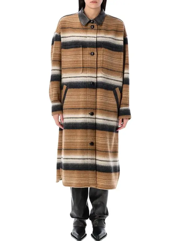Isabel Marant Djila Striped Wool Blend Overshirt Long Coat - Camel Multi