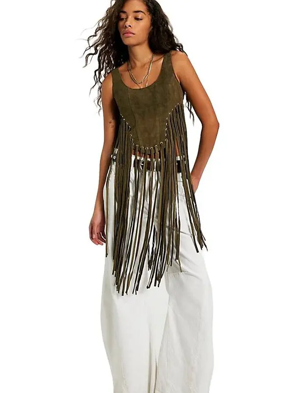 UNDERSTATED LEATHER Motive Suede Bustier With Fringe - Army Green