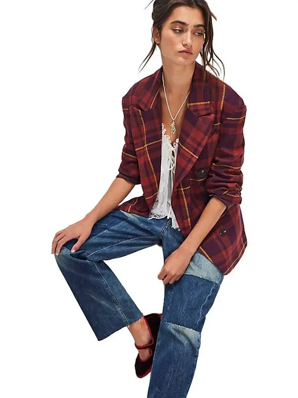 Free People Dean Double-breasted Blazer - Dean Tartan - Plum Combo