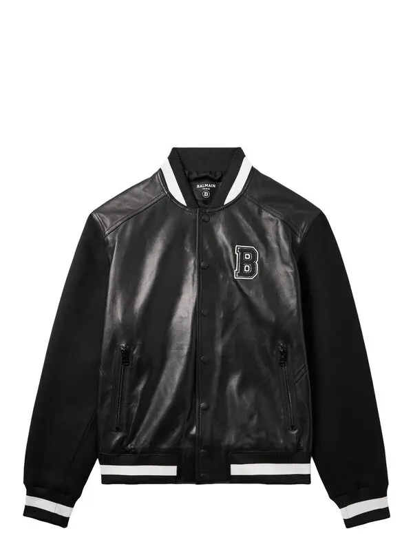 Balmain Logo-appliquéd Leather And Wool Varsity Jacket - Black