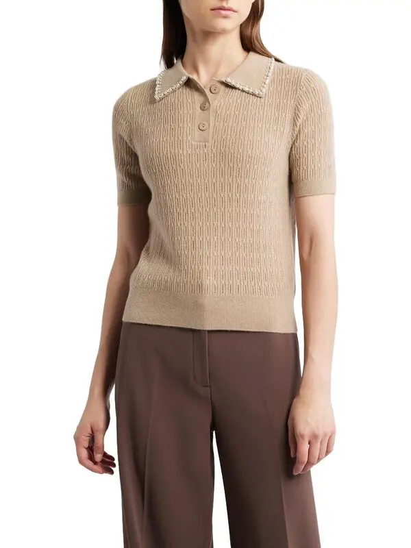 Elie Tahari Stevie Cashmere Polo Sweater - Camel Crown Beige