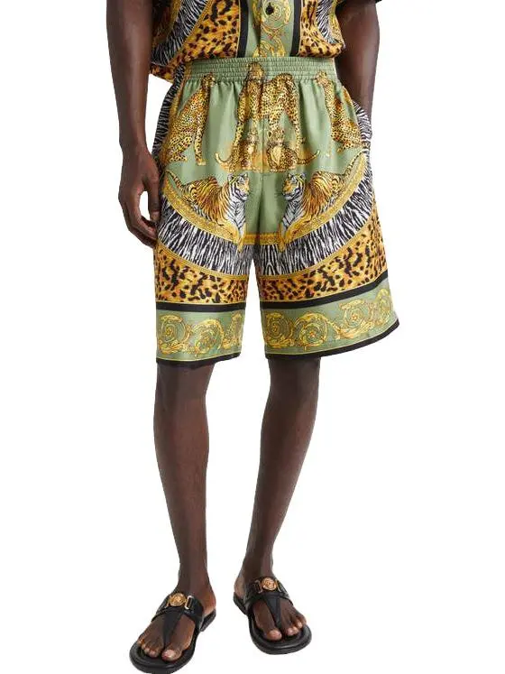 Versace Wild Cats Print Silk Twill Shorts - Green Black