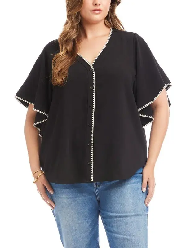 Karen Kane Edge Stitch Flutter Sleeve Top - Black