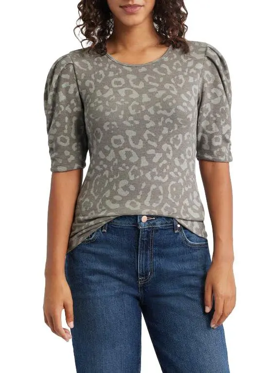 Loveappella Pleated Puff Sleeve Leopard Print Fleece Top - Sage