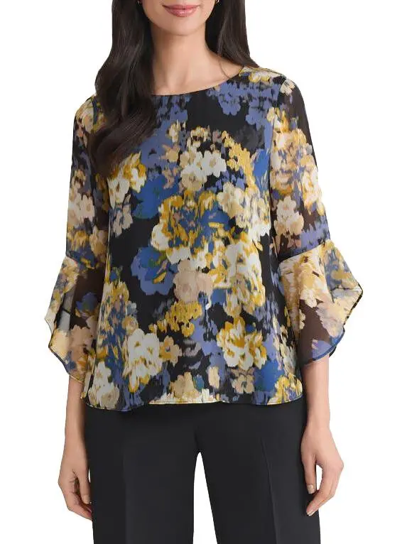 KASPER Abstract Floral Ruffle Sleeve Top - Black Multi