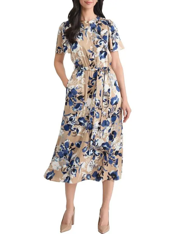 KASPER Printed Flutter-sleeve Midi Dress - Light Sand Multi