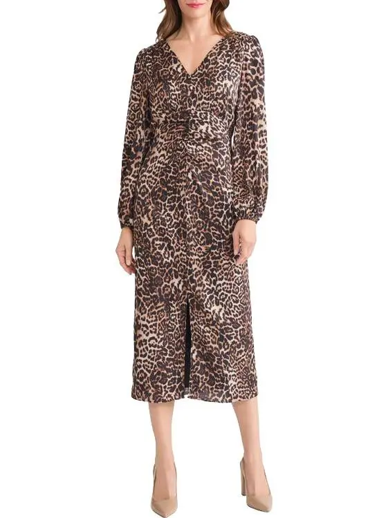 Jones New York Leopard Print Long Sleeve Midi Dress - Jones Black Multi