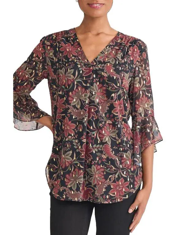 Jones New York Floral Flutter Sleeve Top - Jones Black Multi