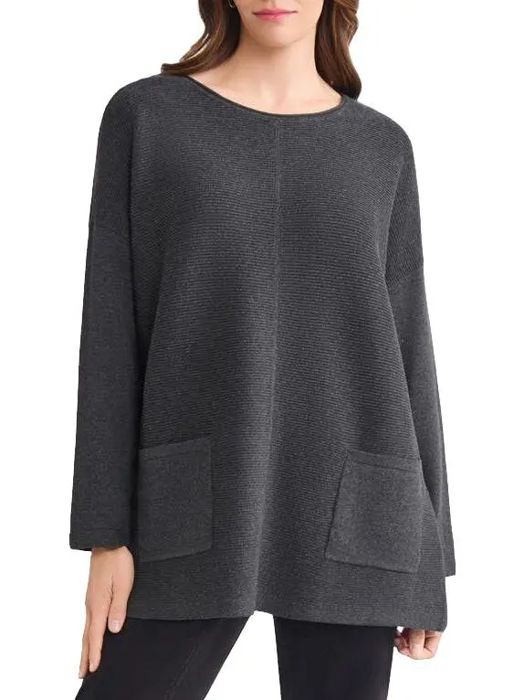 Jones New York Oversize Cotton Boatneck Tunic Sweater - Dark Heather Grey