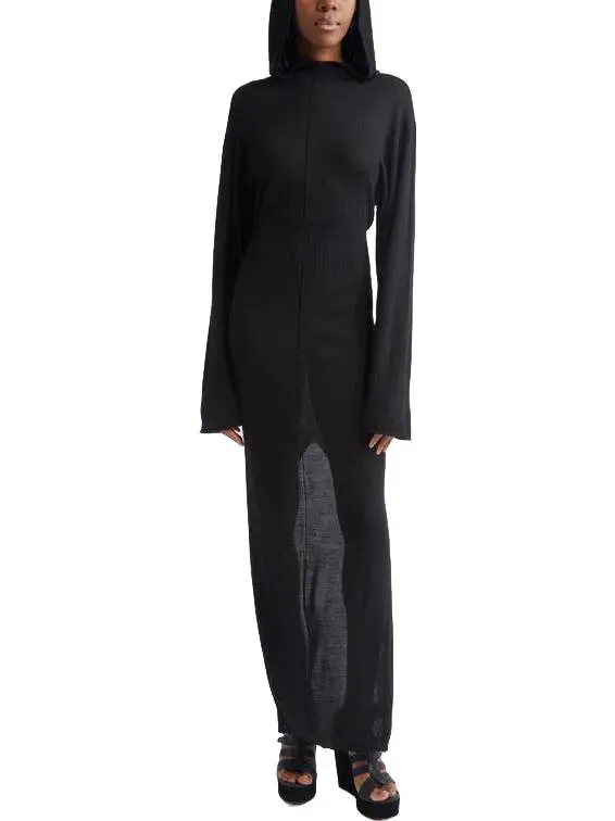 Rick Owens Long Sleeve Hooded Maxi Virgin Wool Sweater Dress - Black