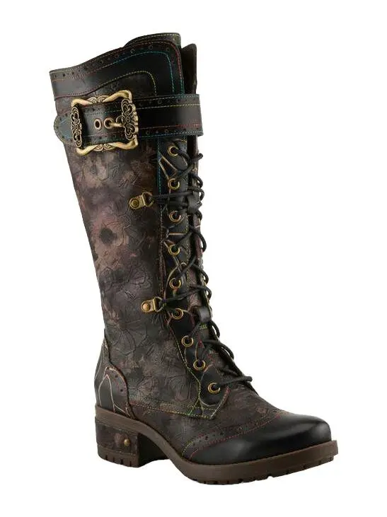 SPRING STEP SHOES Embossed Floral Knee High Boots With Buckle - Black Multi