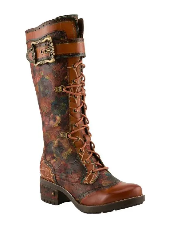 SPRING STEP SHOES Embossed Floral Knee High Boots With Buckle - Camel Multi