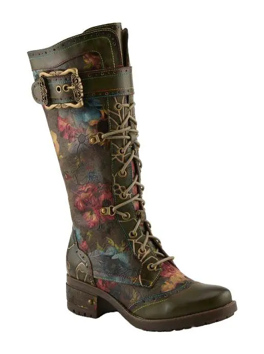 SPRING STEP SHOES Embossed Floral Knee High Boots With Buckle - Olive Multi