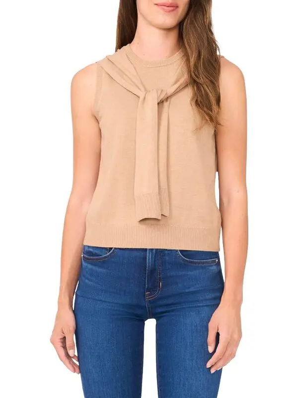 Halogen Sleeveless Shoulder Wrap Sweater - Nomad Camel