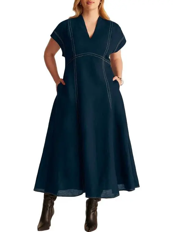 ESTELLE Arden Linen Blend Empire Waist Dress - Blue