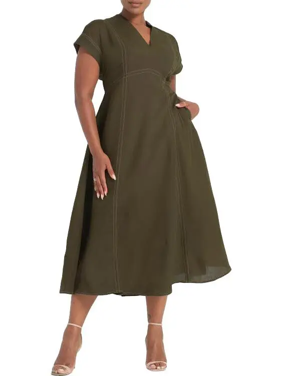 ESTELLE Arden Linen Blend Empire Waist Dress - Olive