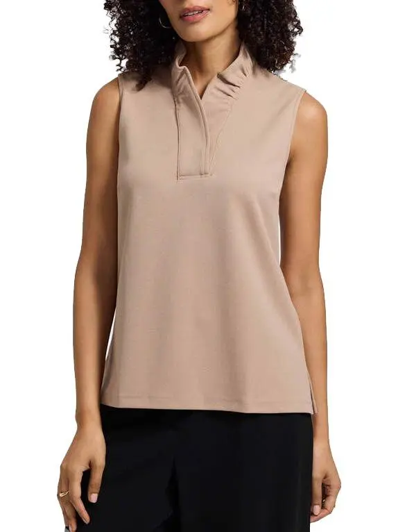 Foxcroft Tammy Ruffle Collar Crepe Sleeveless Top - Khaki