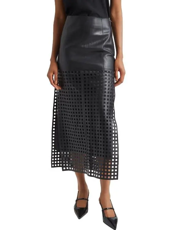 Emporio Armani Laser Cut Nappa Leather Midi Skirt - Solid Black