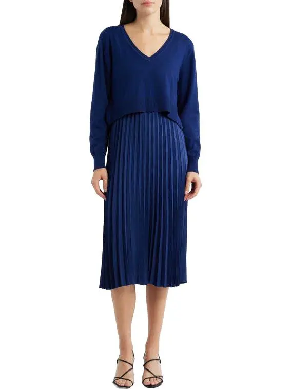 Sam Edelman Pleated Slipdress And Sweater Set - Navy