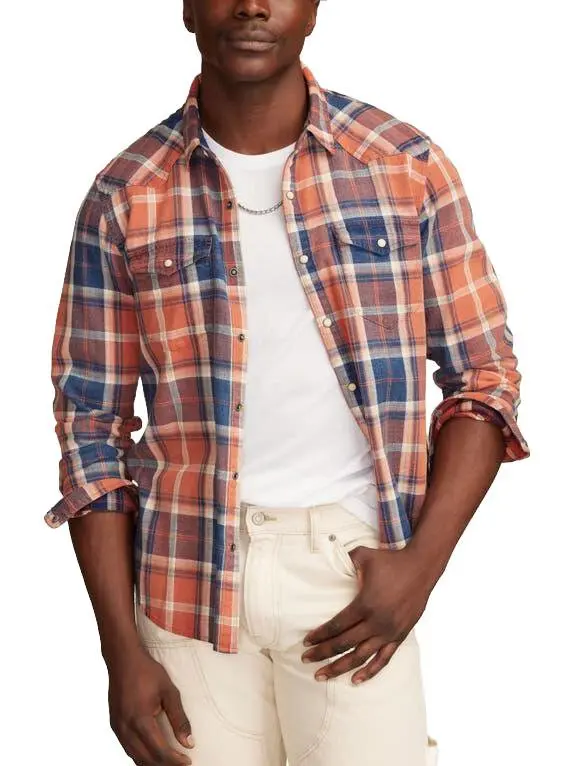 Lucky Brand Plaid Snap-up Western Shirt - Orange/blue Multi