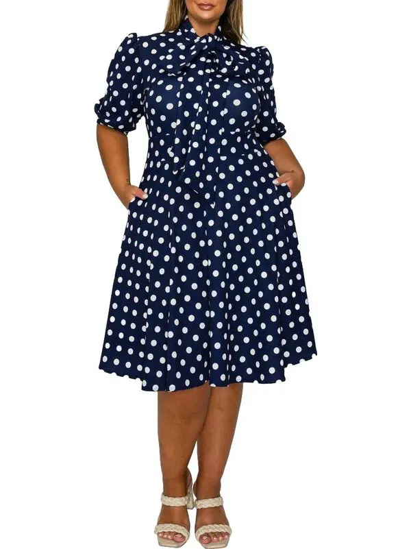 L I V D Breken Tie Neck Flare Dress - Navy White