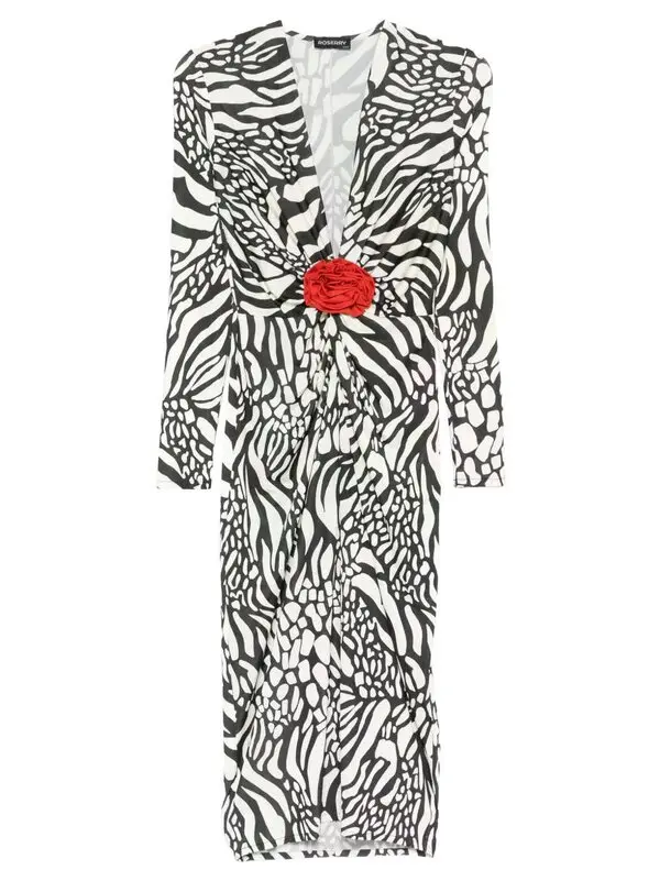 ROSERRY Malllorca Rose-embellished Zebra-print Midi Dress - Black