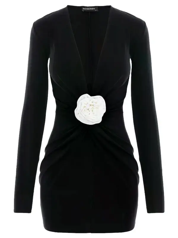 ROSERRY Rose-embellished Long-sleeve Dress - Black