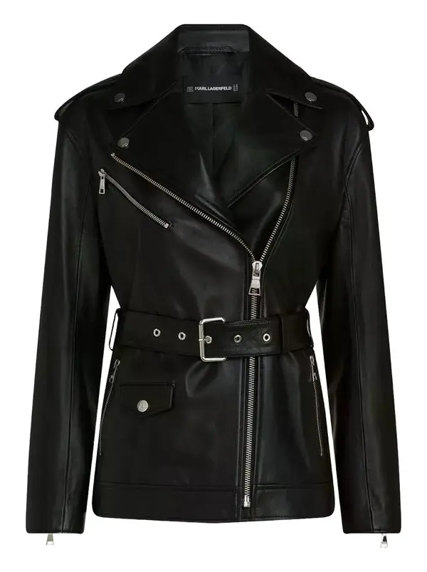 Karl Lagerfeld Belted Leather Biker Jacket - Black