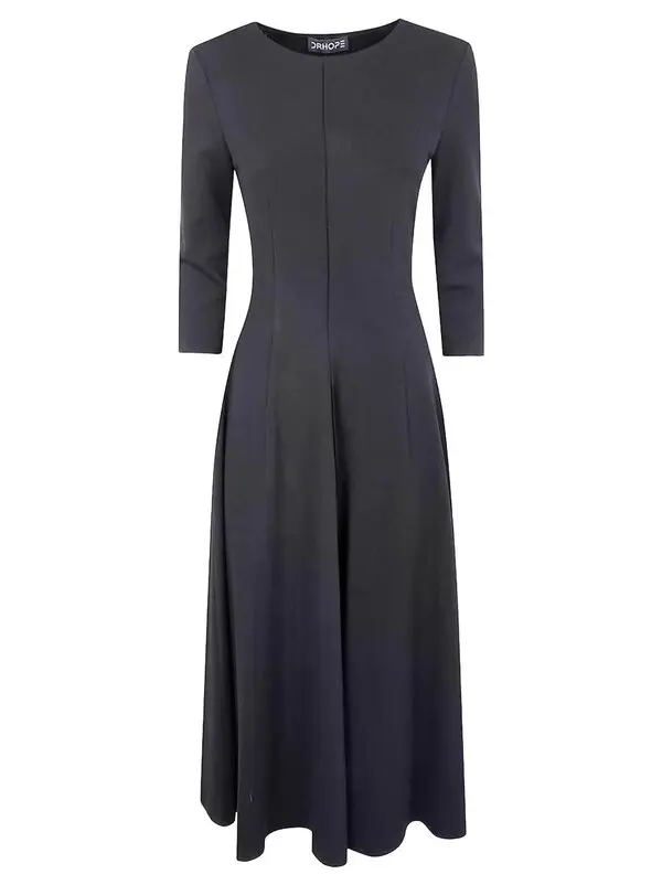 DRHOPE Quarter-sleeve Pleated Midi Dress - Black