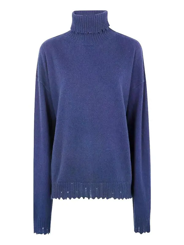 UMA WANG Turtleneck Frayed-hem Sweater - Blue