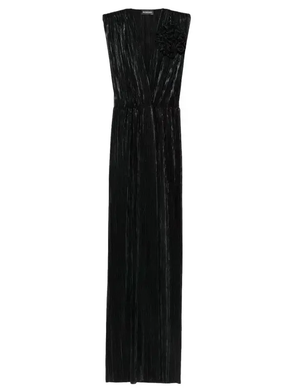 ROSERRY Pleated Flower-embellished Maxi Dress - Black