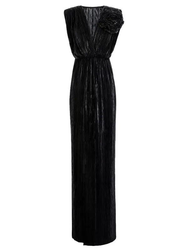 ROSERRY Pleated Flower-embellished Maxi Dress - Black