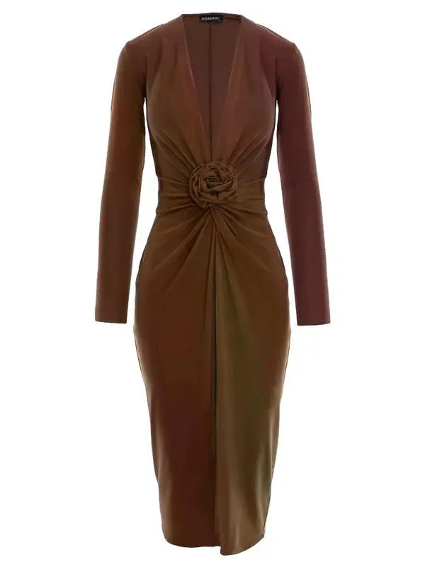 ROSERRY Rose-embellished Twist-front Midi Dress - Brown