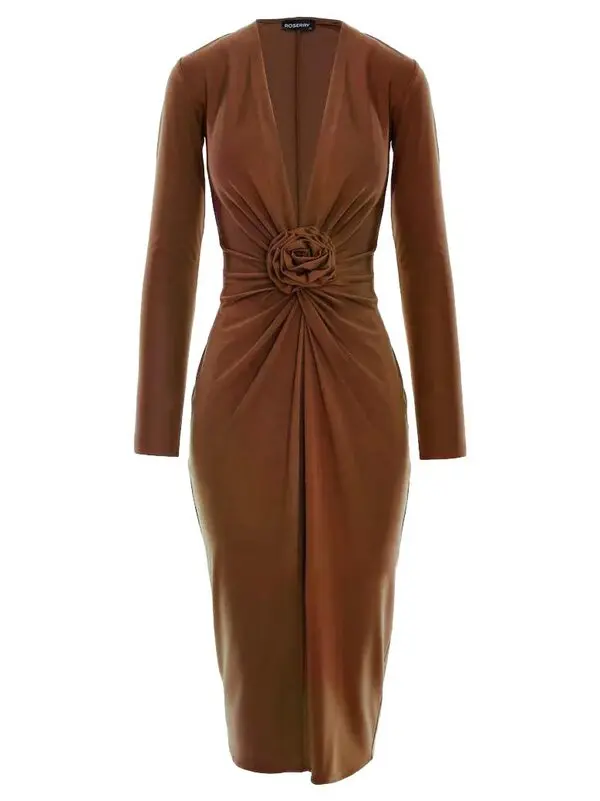 ROSERRY Rose-embellished Twist-front Midi Dress - Brown