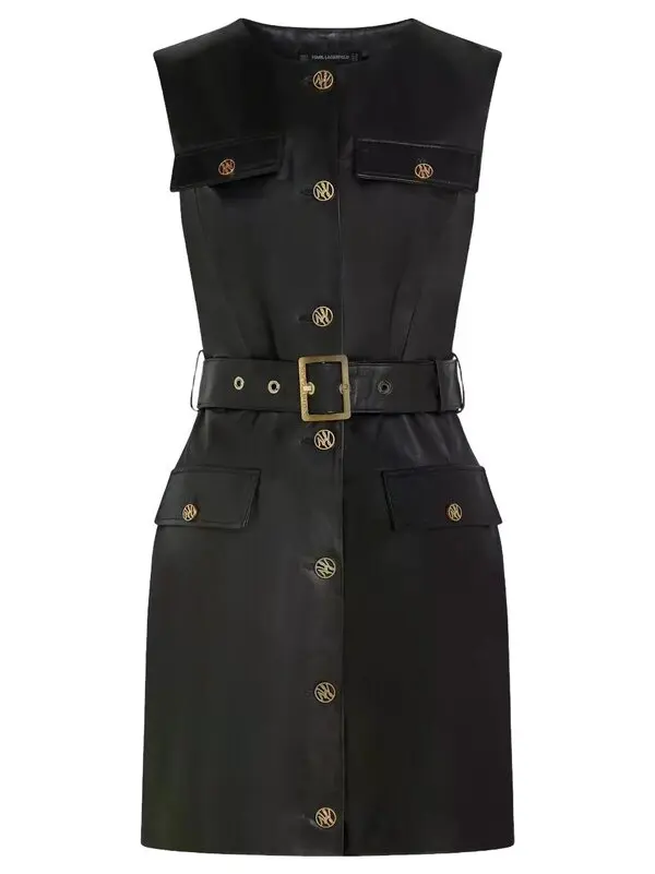 Karl Lagerfeld Belted Button-fastening Leather Dress - Black