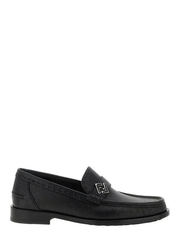Fendi Ff Metal Leather Loafers - Black