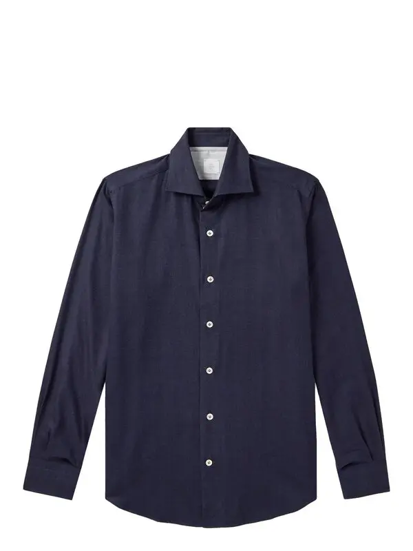 Eleventy Slim-fit Herringbone Cotton And Lyocell-blend Shirt - Blue