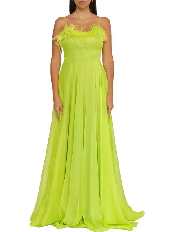 FOREVER UNIQUE Feather-trimmed Slit Maxi Dress - Green